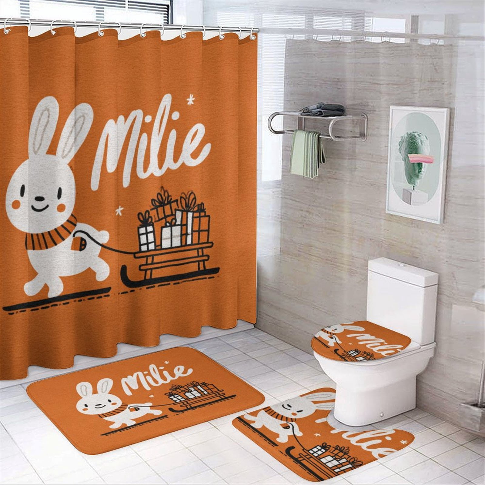 4 Piece Bathroom Shower Curtain Sets Personalised Sleigh Rabbit ...