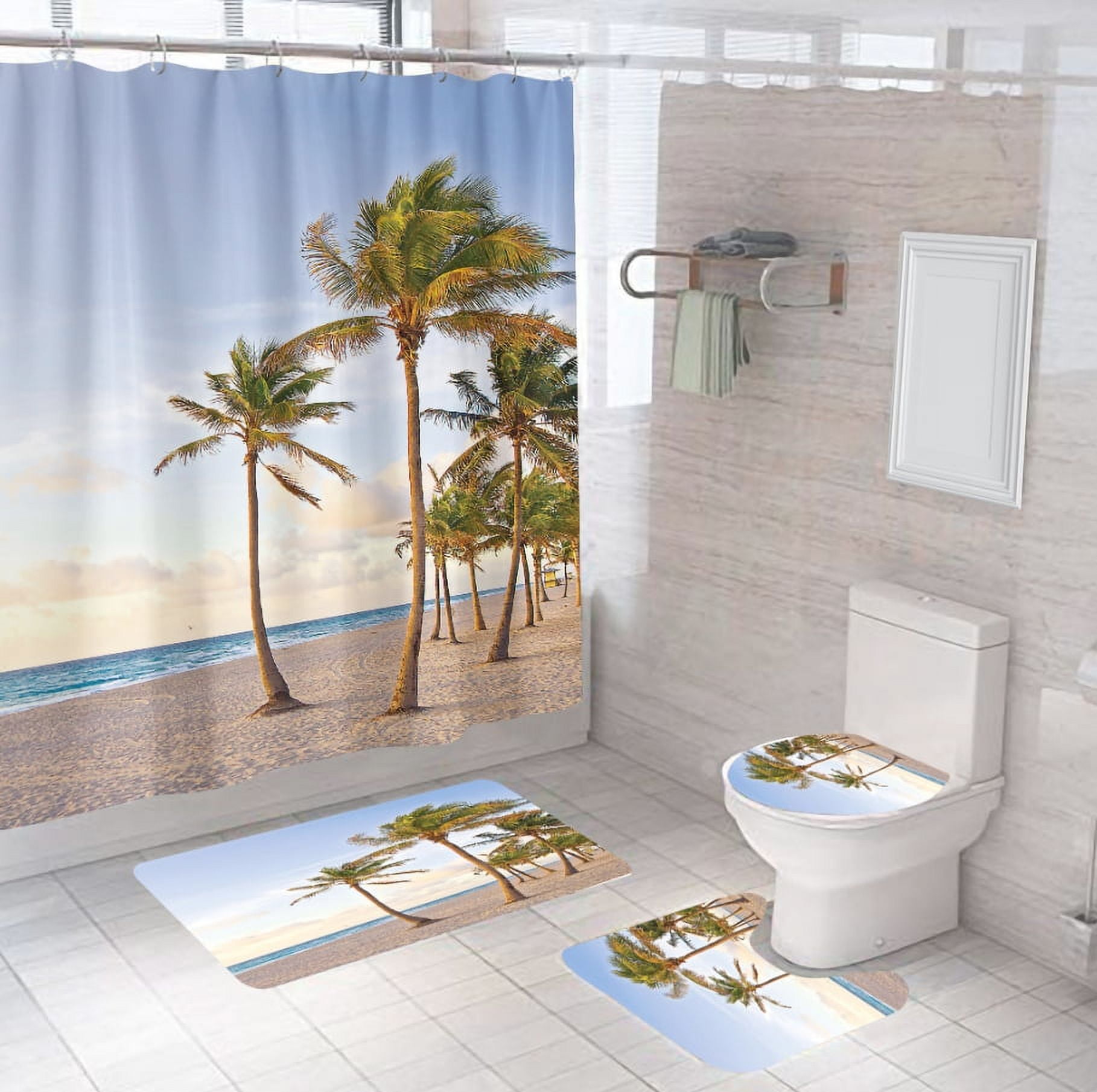 4 Piece Beach Blue Sky Ocean Vacation Travel Shower Curtain Set with 12 ...
