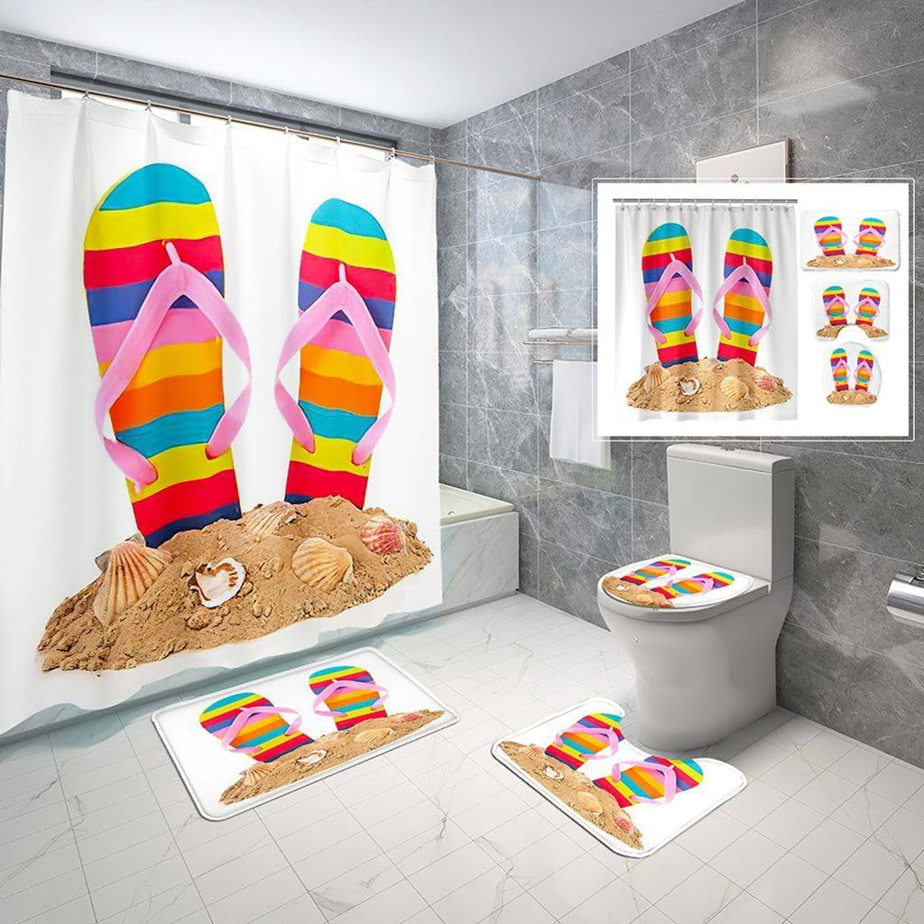 4 Piece Beach Flip Flop Shower Curtain Sets Beach Sand Blue Green ...