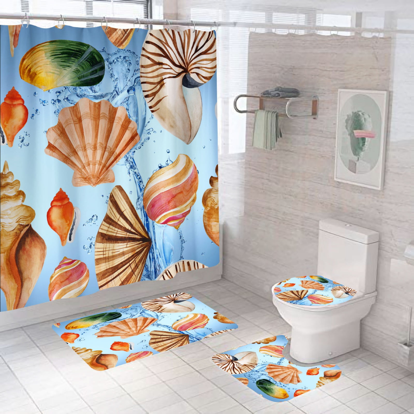 4 Piece Beach Shower Curtain Set, Sea Seashell Natural with Non-Slip ...