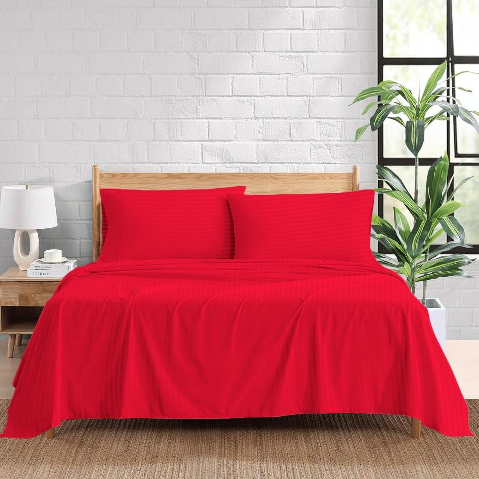 4-Piece Bed Sheet Set 600 Thread Count Red Stripe 100% Egyptian Cotton ...