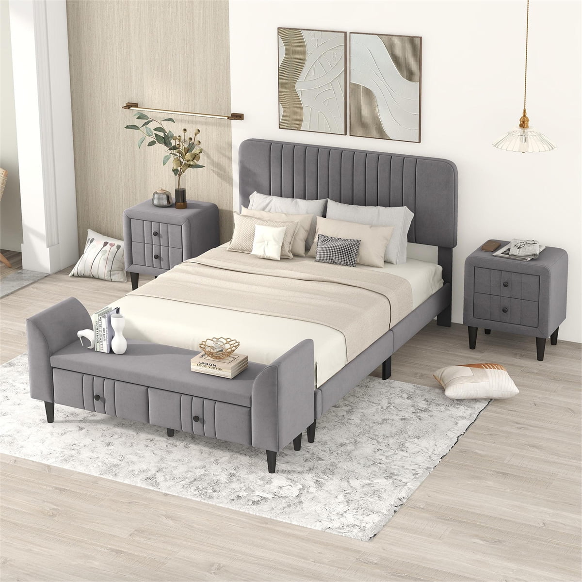 4-Piece Bedroom Set,Full Size Upholstered Platform Bed Frame with 2 ...