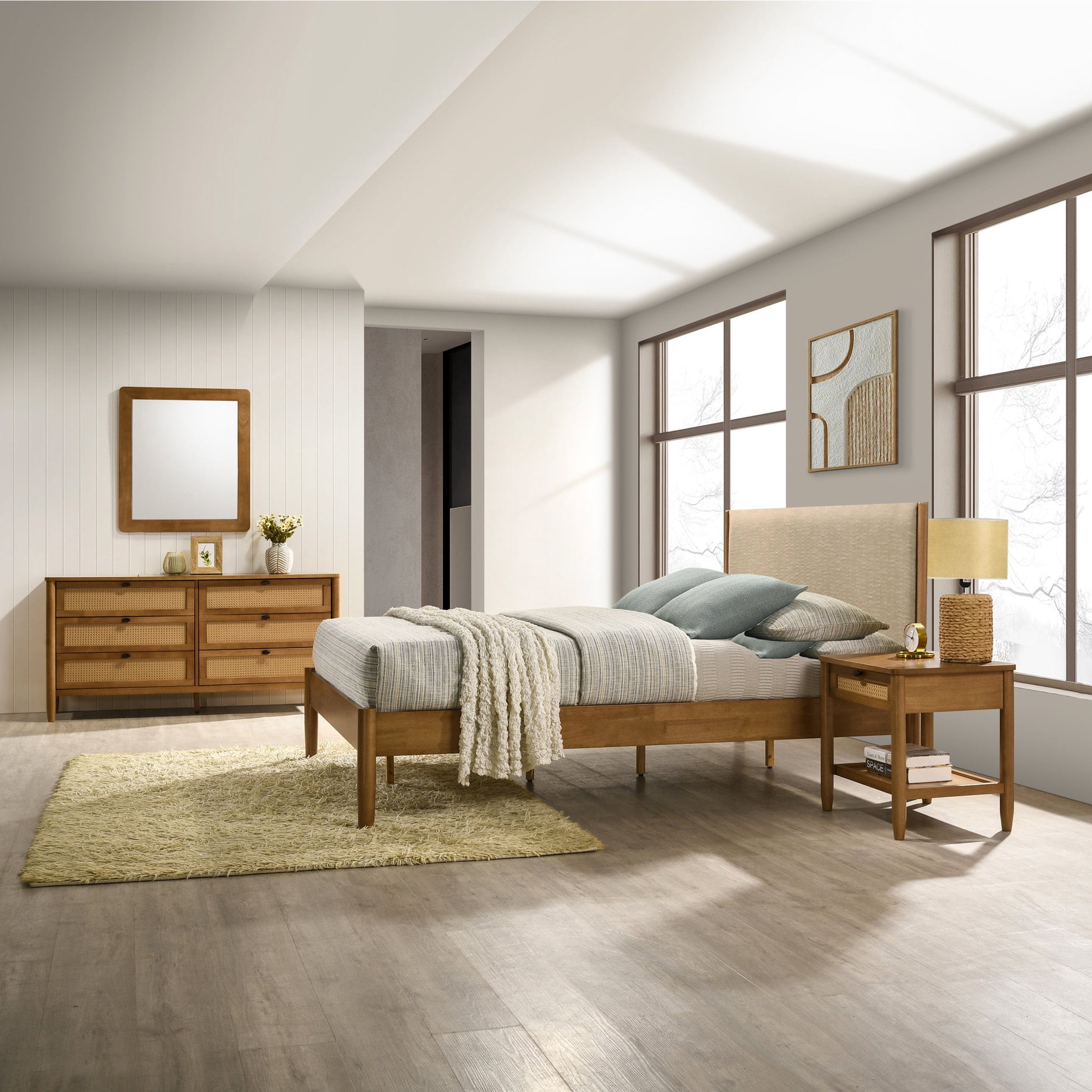4-Piece Bedroom Set in Light Walnut - Cozy Upholstered Headboard ...