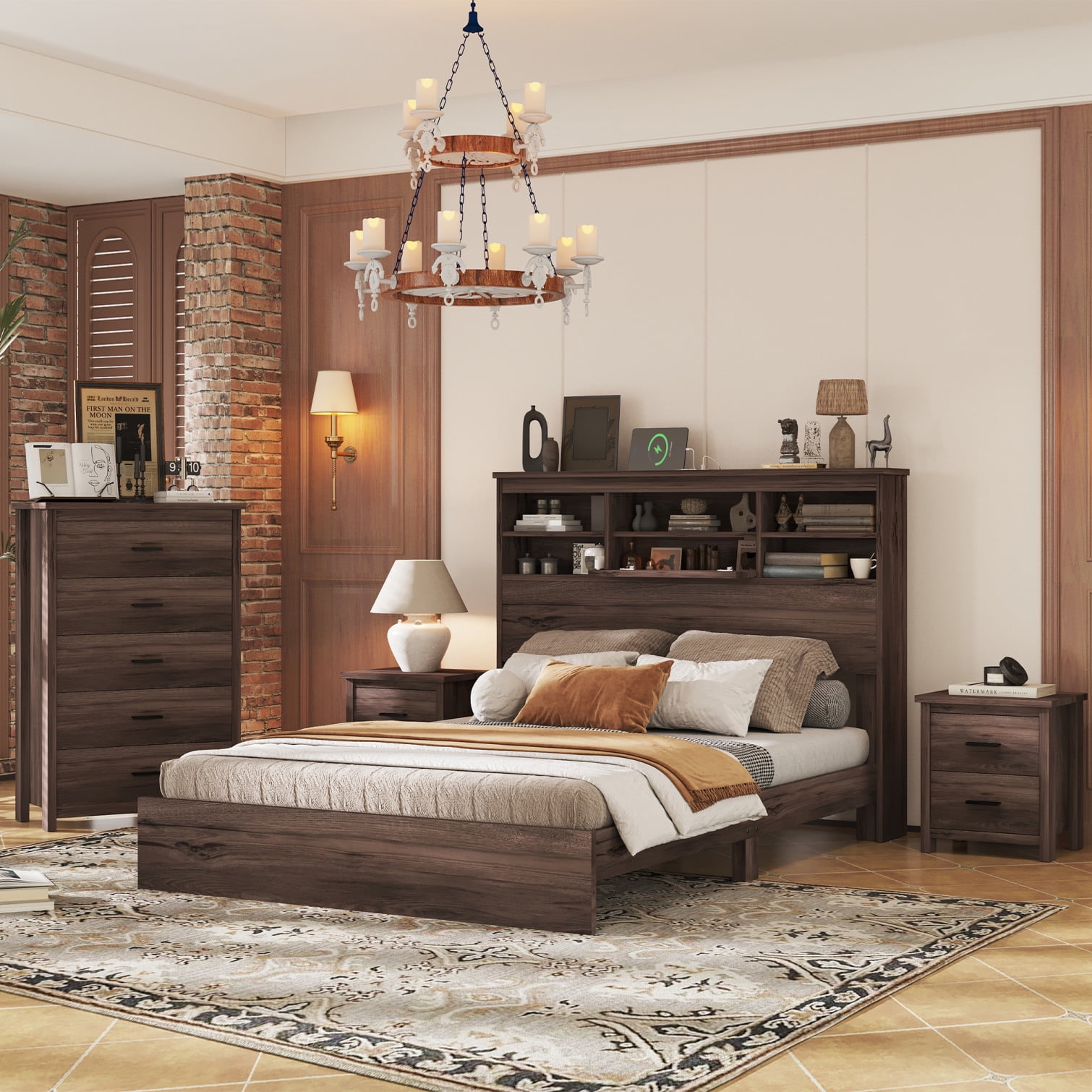 4 Piece Bedroom Sets Queen Size, Bedroom Funiture Sets with Vintage ...