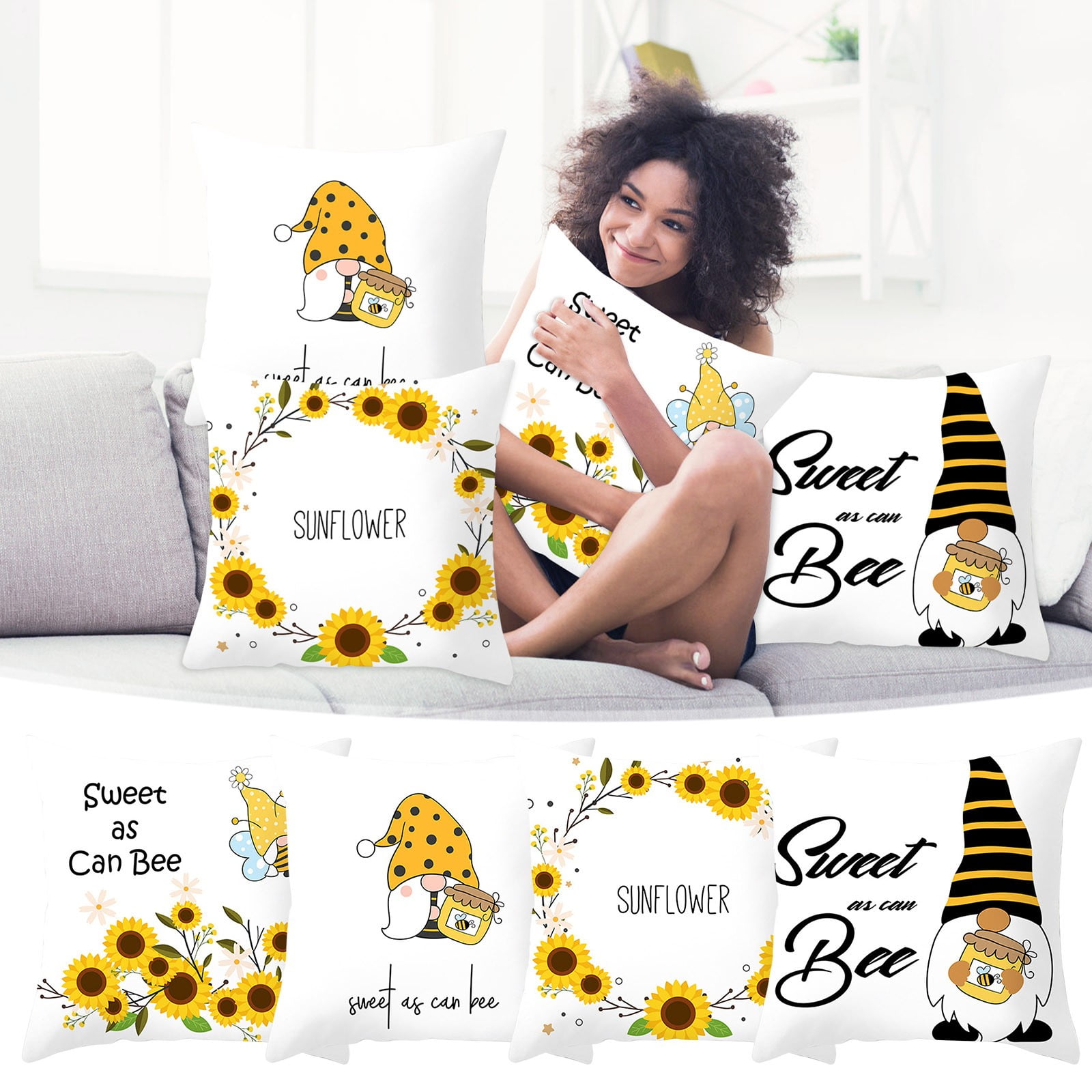 4-Piece Bee Festival Throw Pillow Covers, 18" x 18" Rustic Linen ...
