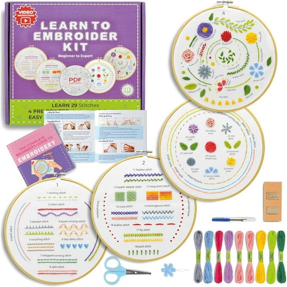 4-Piece Beginner Embroidery Kit - Learn 29 Stitches with Hoop, Pre ...