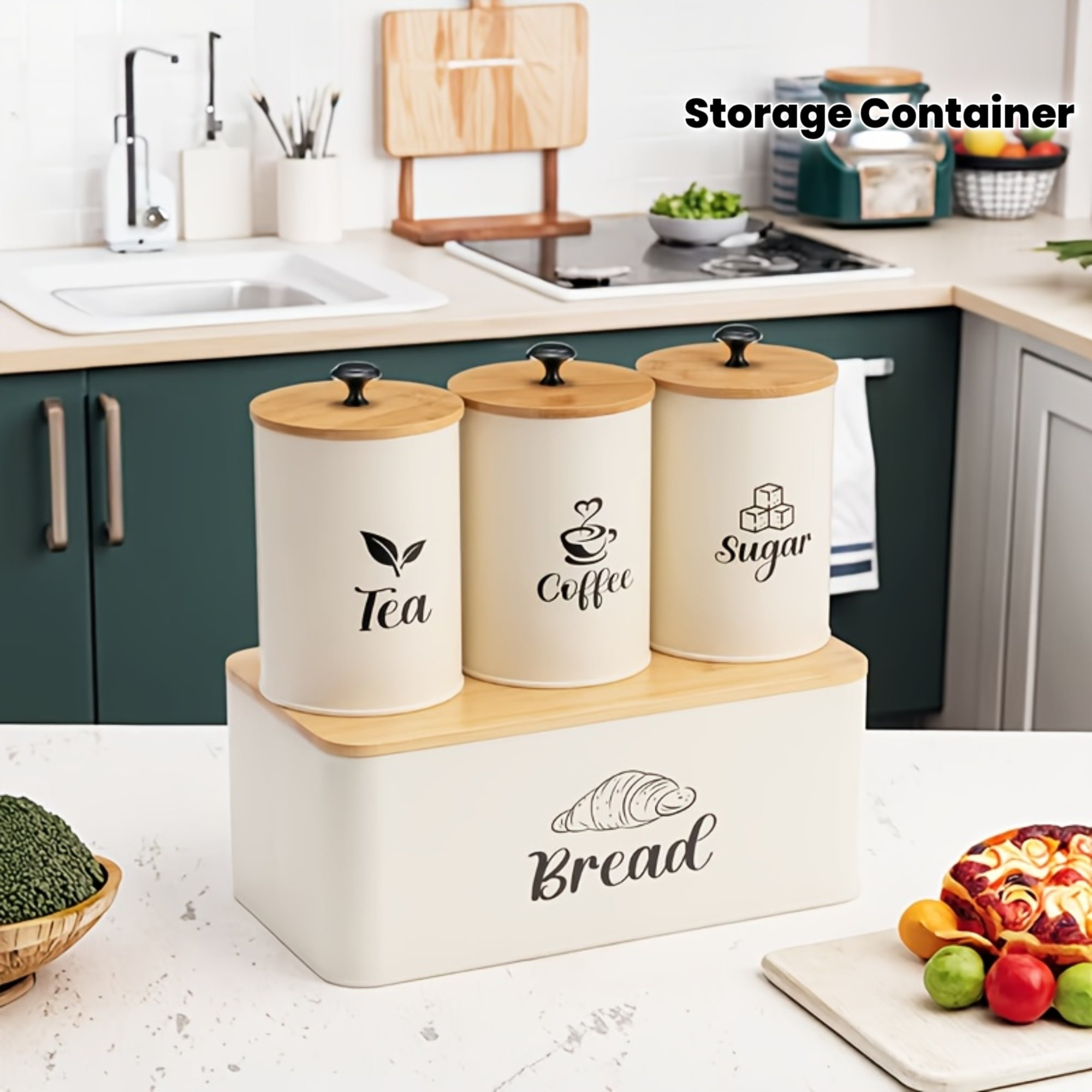 4-Piece Beige Kitchen Storage Set - Bread Box & Metal Canisters with ...