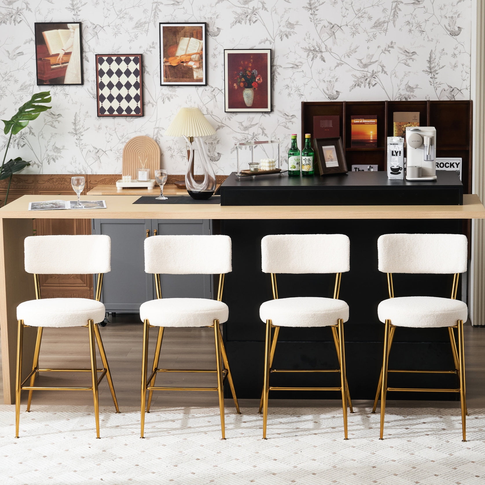 4 - Piece Beige Metal Bar Stools with Teddy Seats / Adjustable Feet for ...