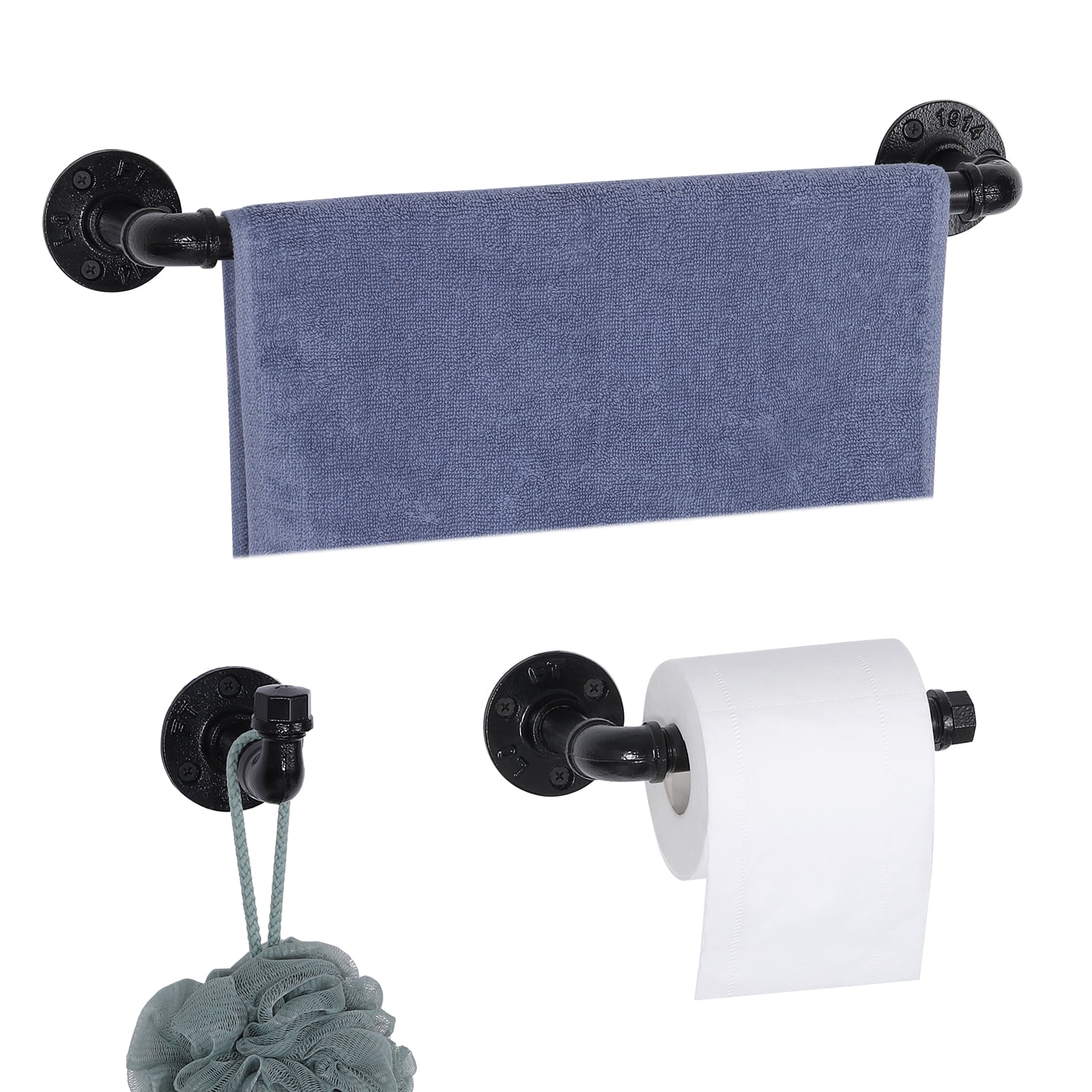 4-Piece Black Industrial Pipe Bathroom Hardware Set - Wall-Mounted ...