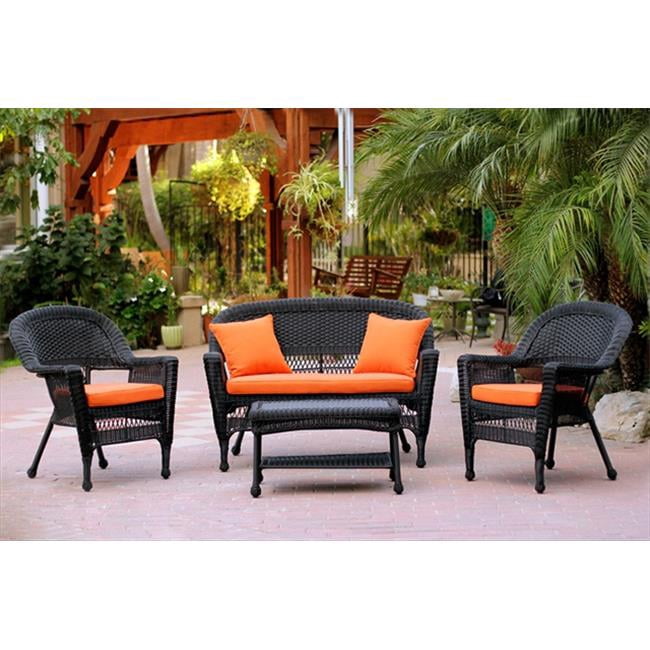 4 Piece Black Wicker Conversation Set - Brick Orange Cushions - Walmart.com