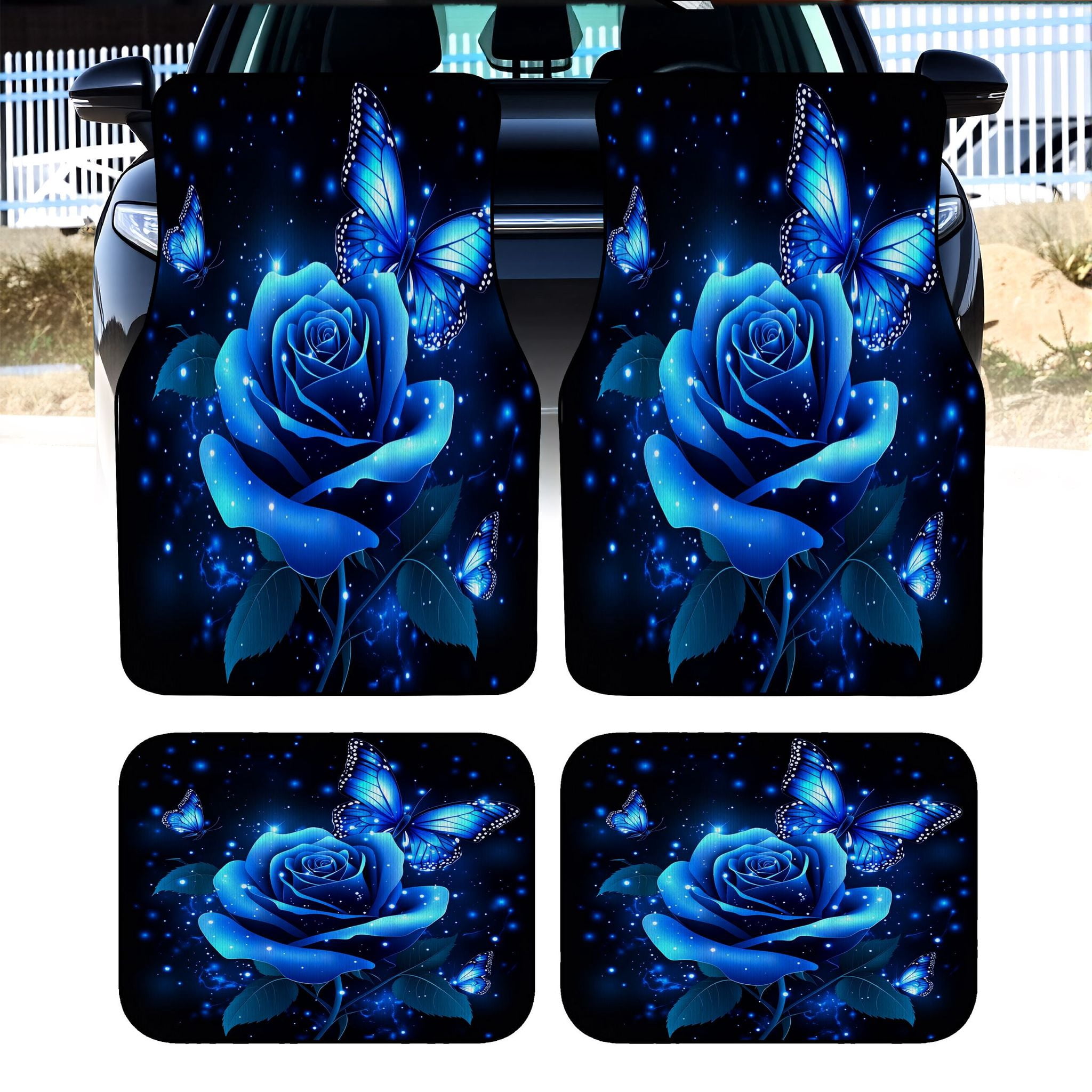 4-Piece Blue Rose Butterfly Car Floor Mats, Universal Fit Auto Floor ...