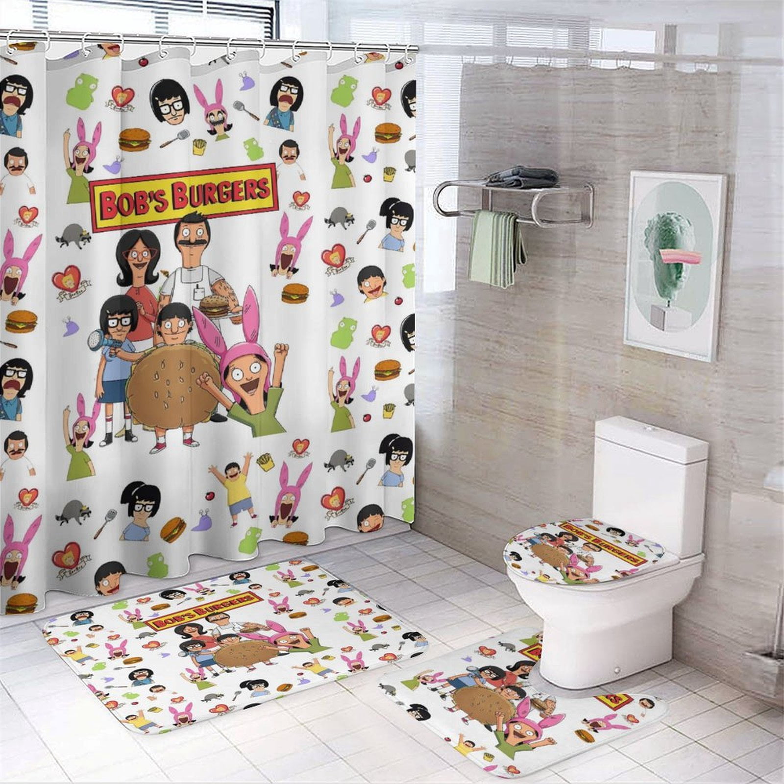 4 Piece Bob's Bur-Ger Shower Curtain Sets with Rugs, Toilet Lid Cover ...