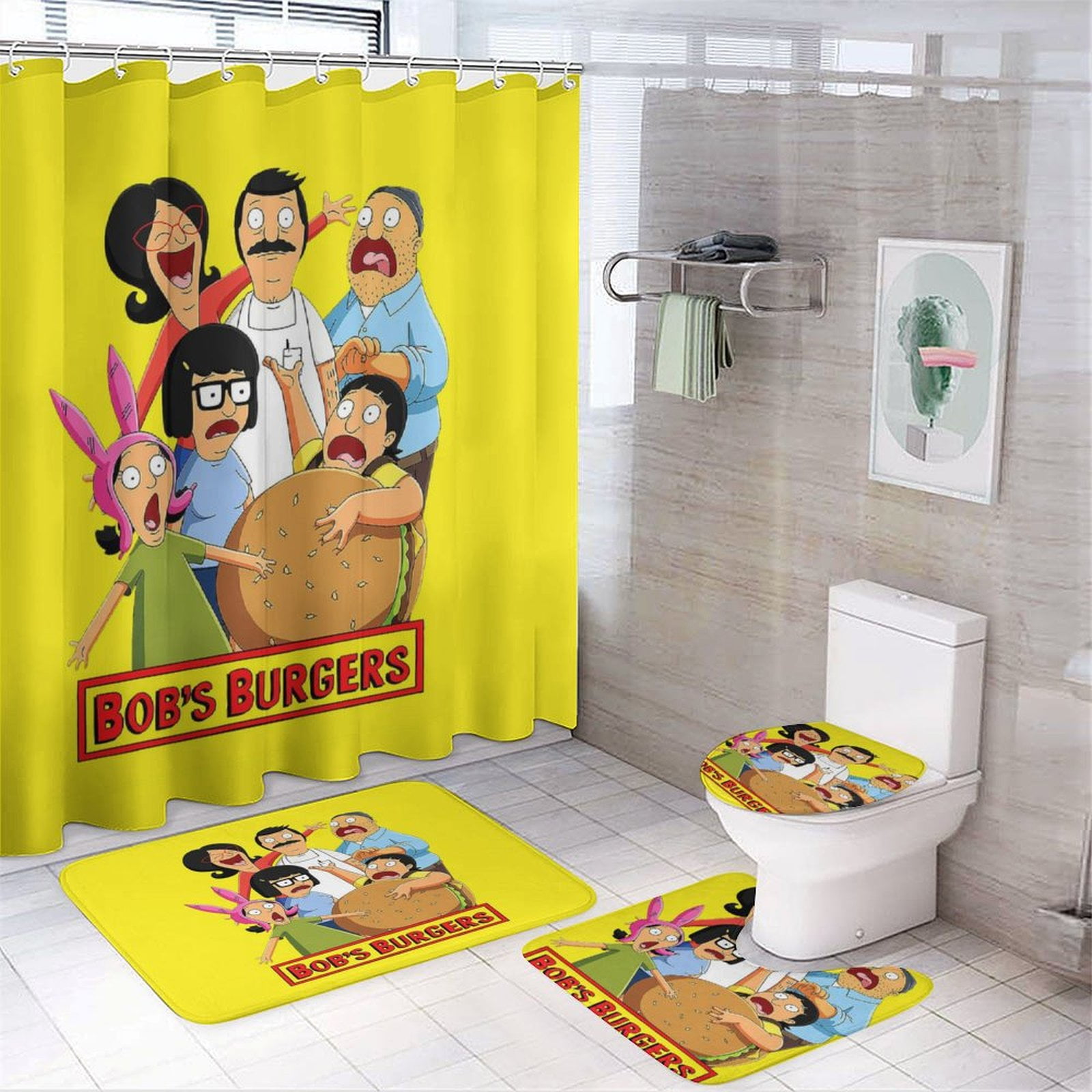 4 Piece Bob's Burgers Shower Curtain Set with Non-Slip Rug, Toilet Lid ...