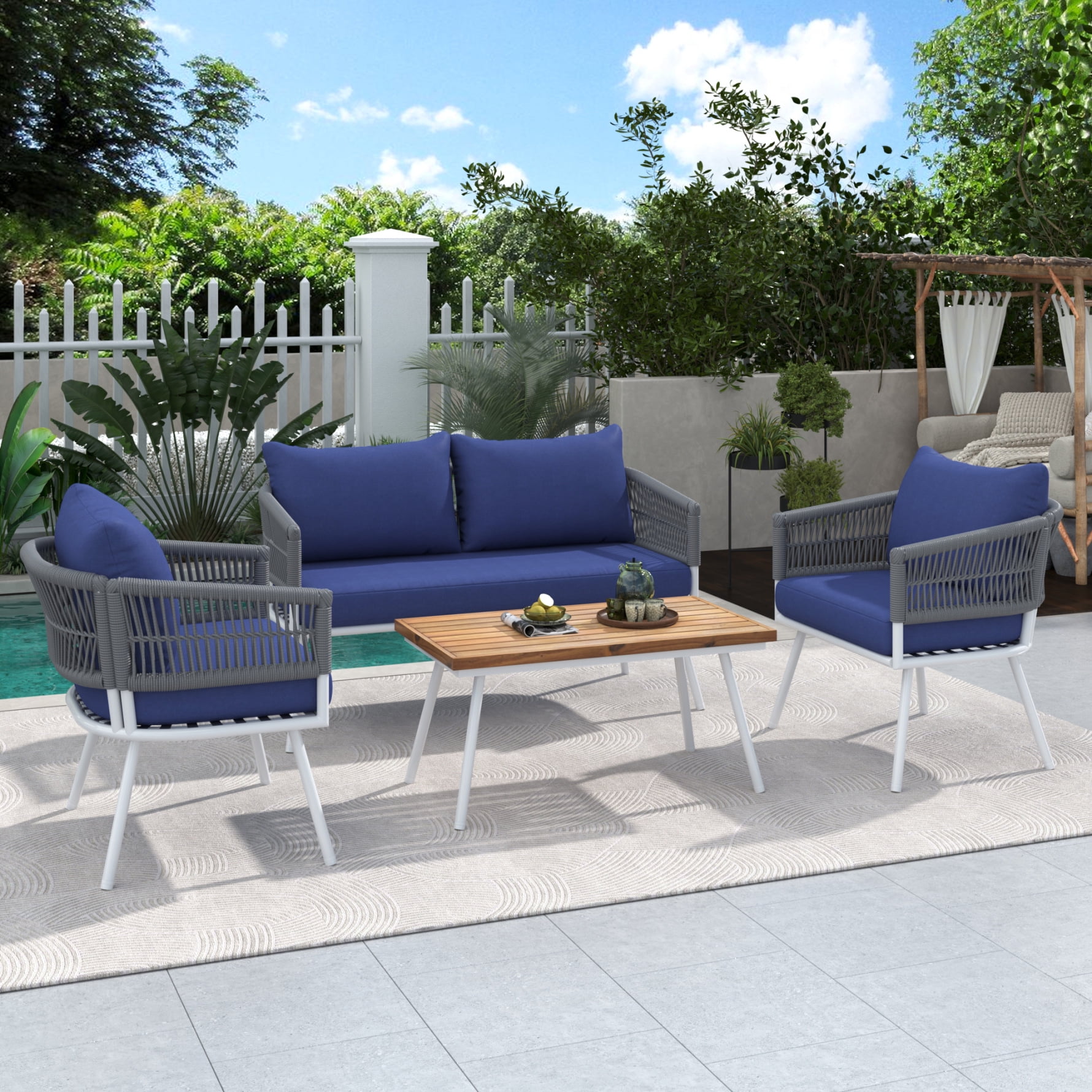 4-Piece Boho Rope Patio Set with Olefin Fabric Cushions & Handwoven PP ...