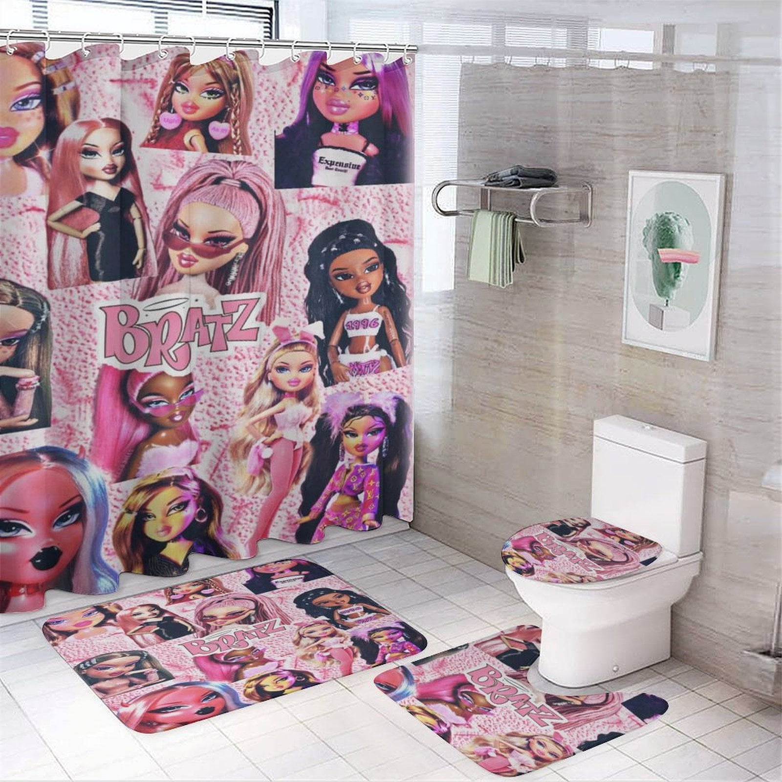 4 Piece Brat-Z0 Shower Curtain Sets with Rugs, Toilet Lid Cover, Bath ...