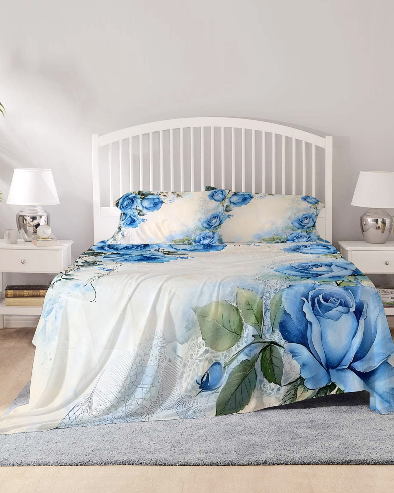 4 Piece Cal. King Sheet Set Blue Flower Spring Sheets Set for Cal. King ...