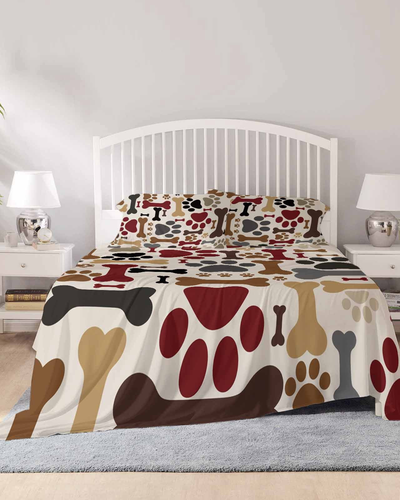 4 Piece Cal. King Sheet Set Dog Paw Print Sheets Set for Cal. King Size ...