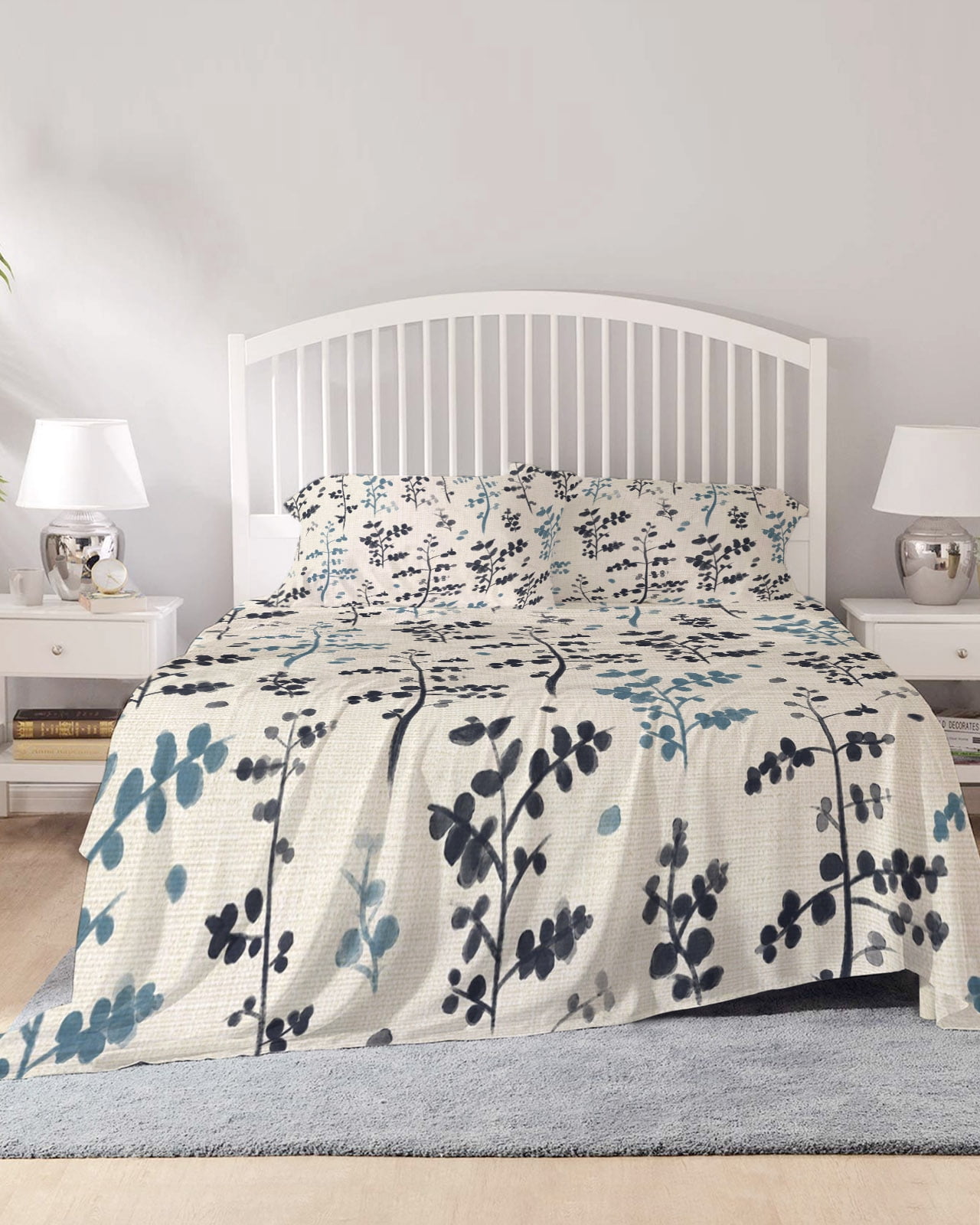 4 Piece Cal. King Sheet Set Grey Blue Botanical Sheets Set for Cal ...
