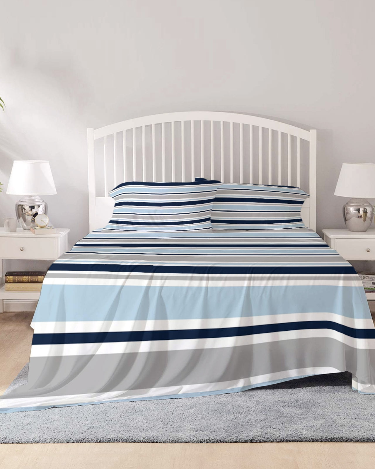 4 Piece Cal. King Sheet Set Navy Blue Gray Striped Sheets Set for Cal ...