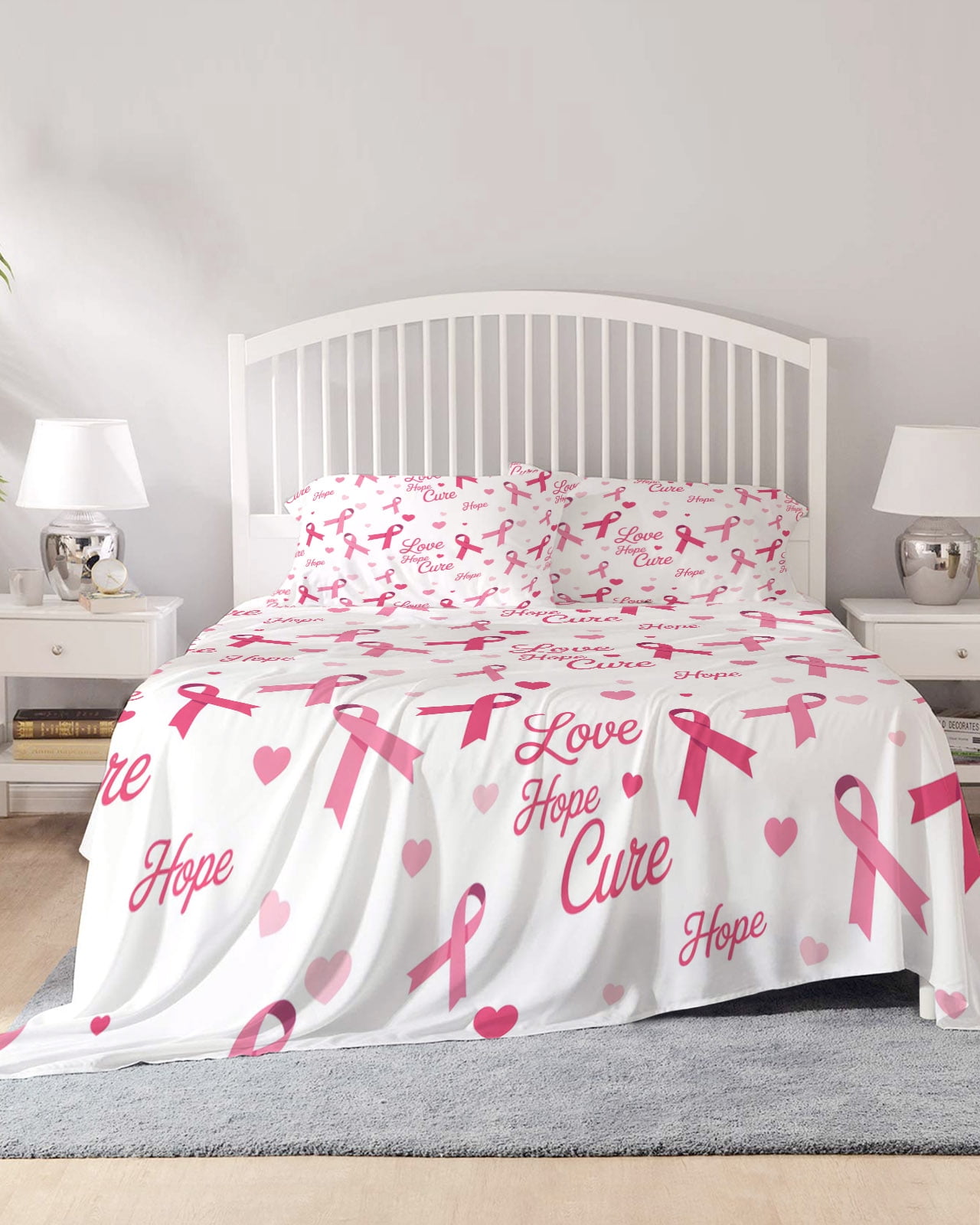 4 Piece Cal. King Sheet Set Pink Ribbon Sheets Set for Cal. King Size ...