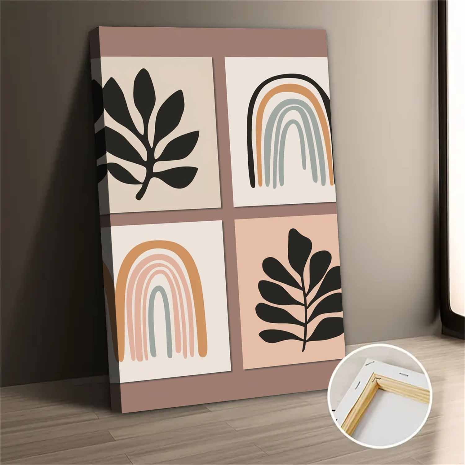 4 Piece Canvas Wall Art Set - Modern Abstract Rainbow And Leaves Print ...