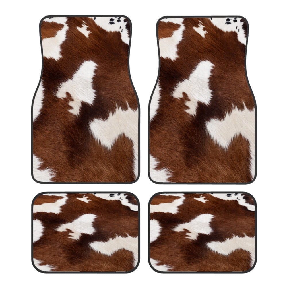 4-Piece Car Floor Mats Set, Brown White Cow Crystal Velvet Automotive ...