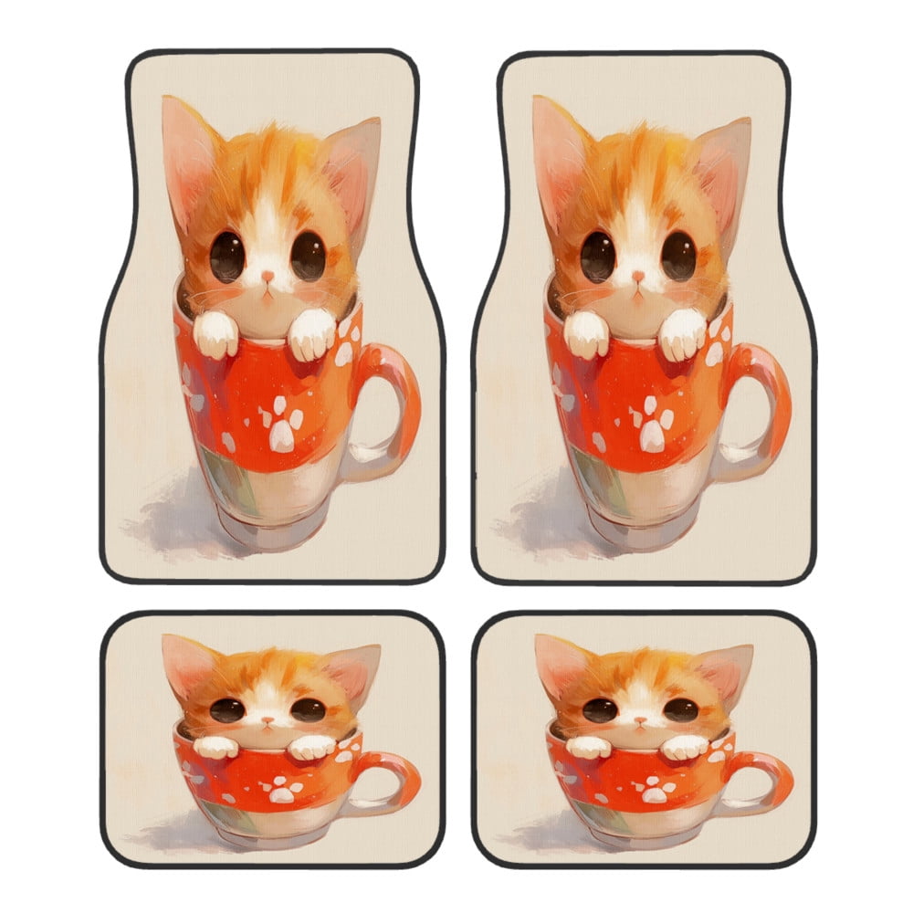 4-Piece Car Floor Mats Set, Cute Cat Cup Crystal Velvet Automotive ...