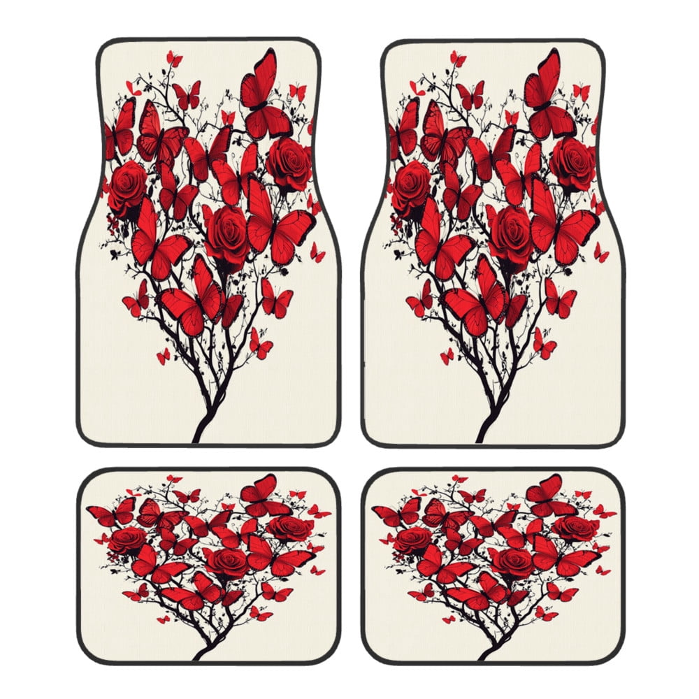 4-Piece Car Floor Mats Set, Red Butterfly Wreath Crystal Velvet ...