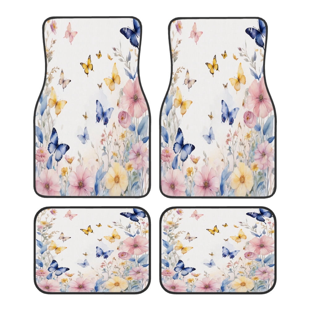 4-Piece Car Floor Mats Set, Watercolor Floral Butterflies Crystal ...
