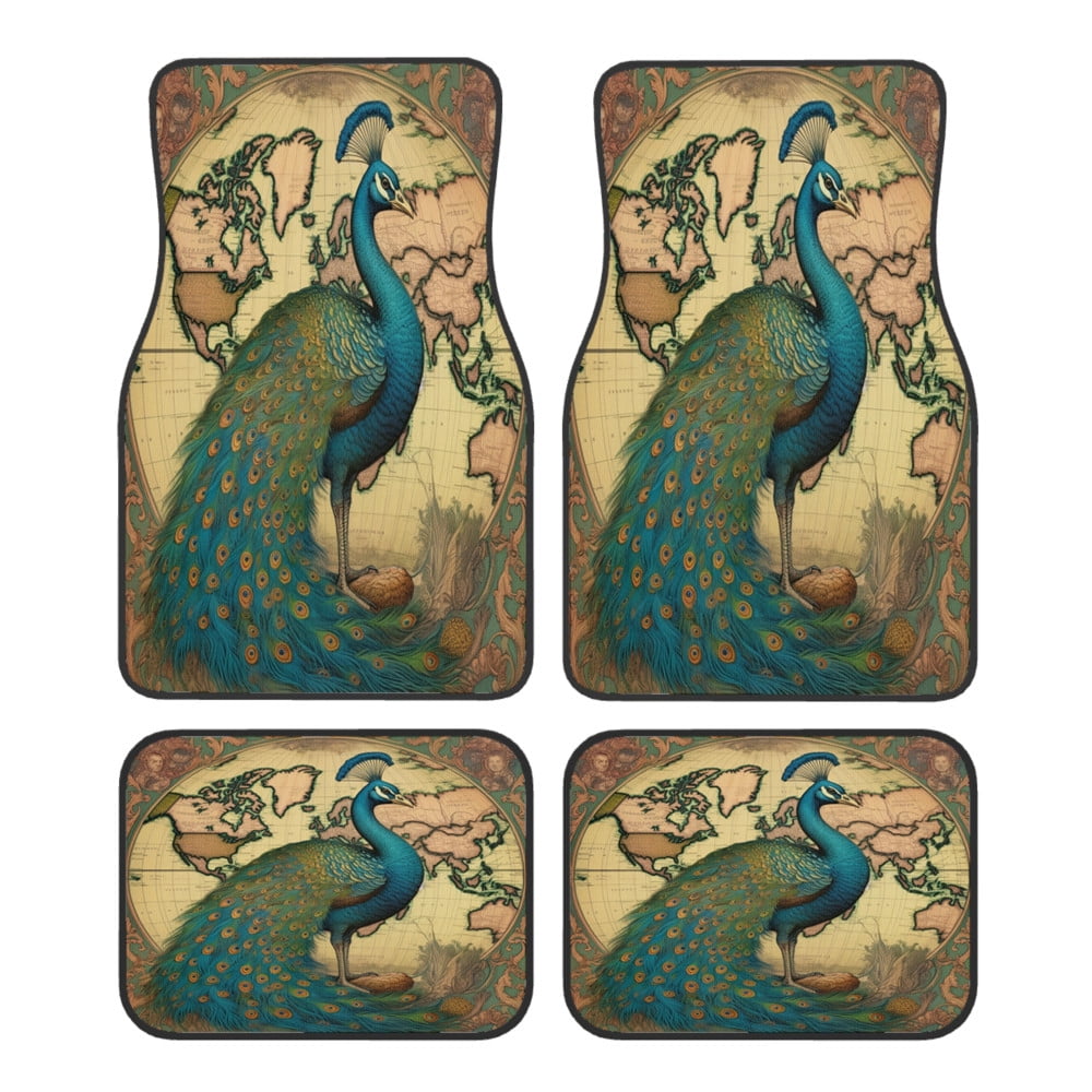 4-Piece Car Floor Mats Set, World Map Peacock Crystal Velvet Automotive ...