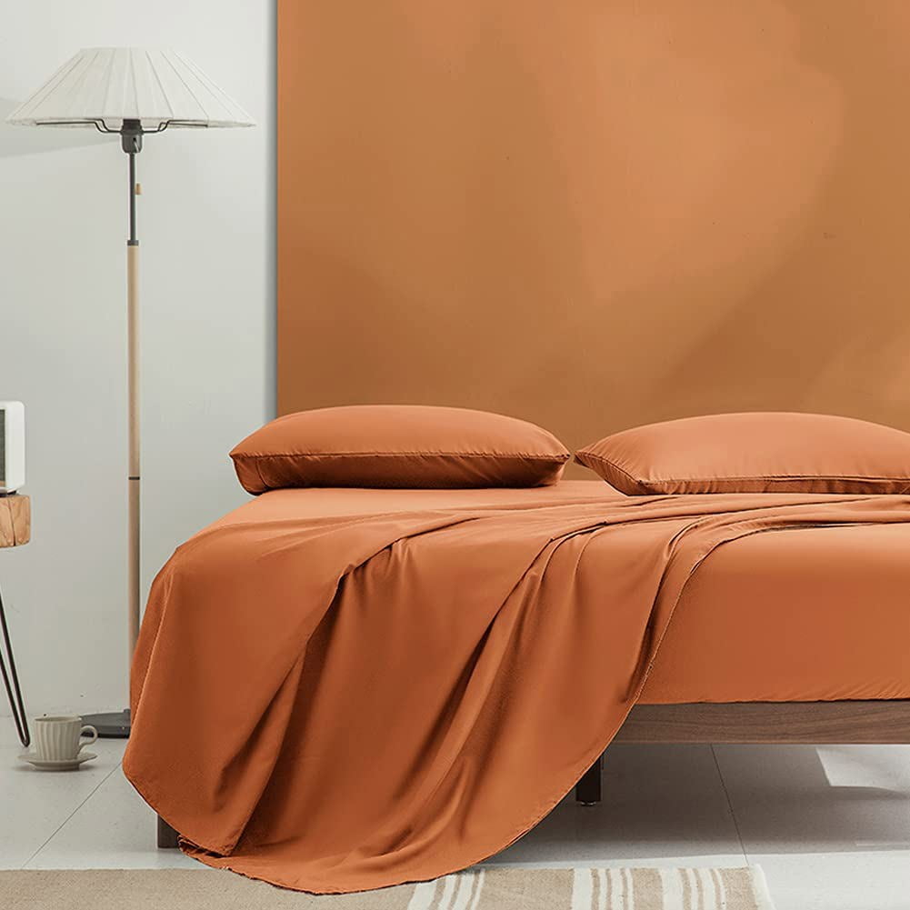 "Queen Size 4pc Burt Orange Rust Solid Color Microfiber Bed Sheet Set ...