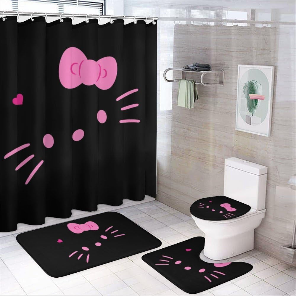 4 Piece Cartoon Pink Cat Ki-tty Shower Curtain Sets Kawaii Bathroom ...