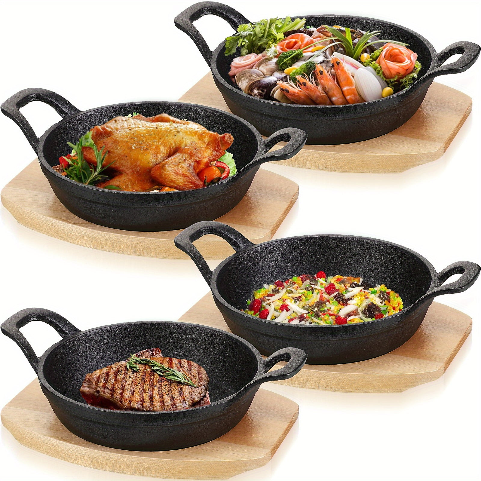4-Piece Cast Iron Cookware Set with Wooden Trays - 6.3” Dutch Ovens ...