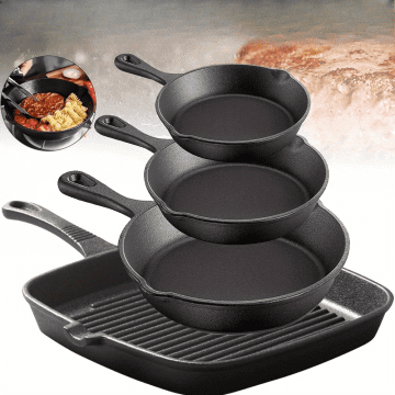 4-Piece Cast Iron Skillet Set, Non-Stick Frying Pans with Drip Spouts ...