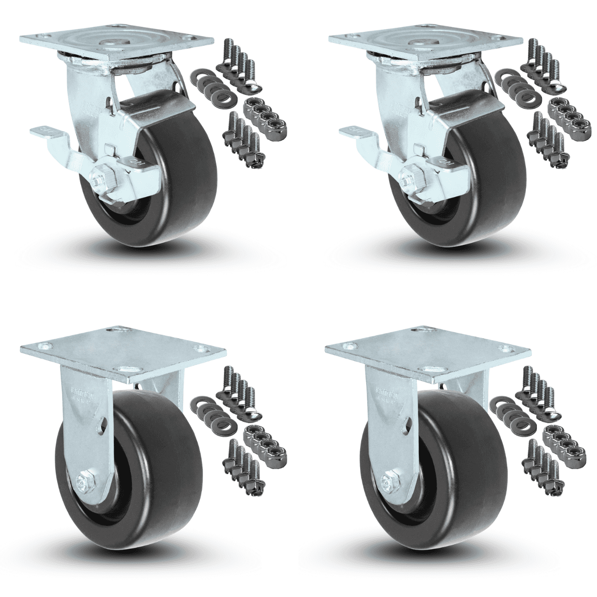 4-Piece Caster Set with Mounting Hardware - 4" x 2" Polyolefin Wheels ...