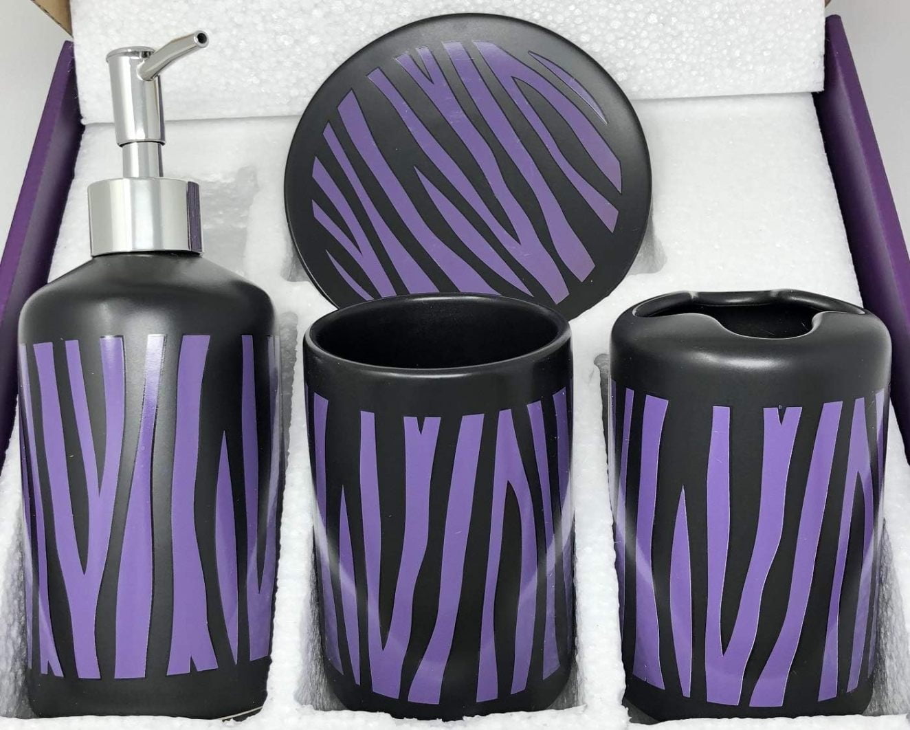 4 Piece Ceramic Bathroom Accessories Set - Purple Black Zebra Animal Print - Complete Bath Decor ...