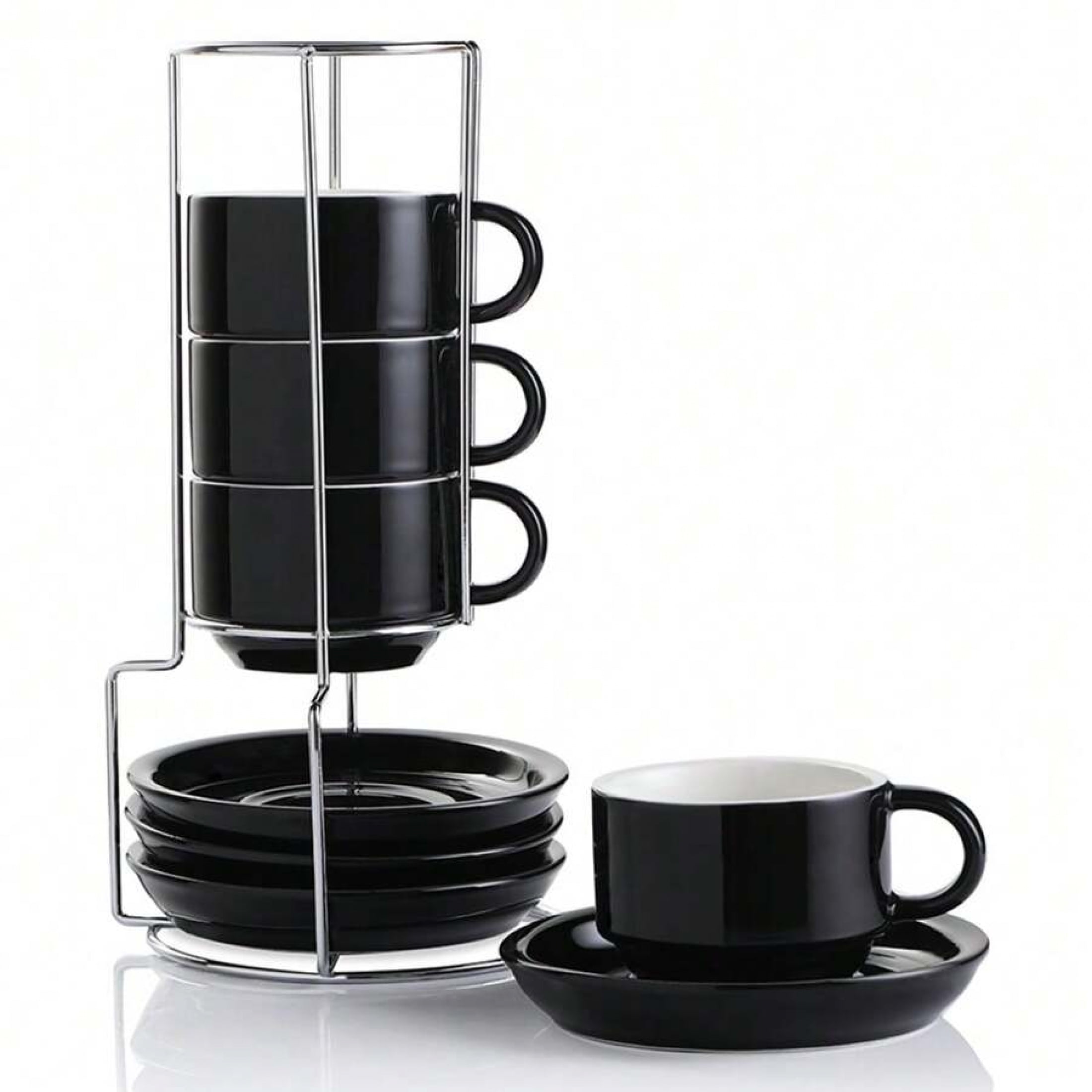 4-Piece Ceramic Espresso Cups Set with Saucers – 4oz Stackable ...