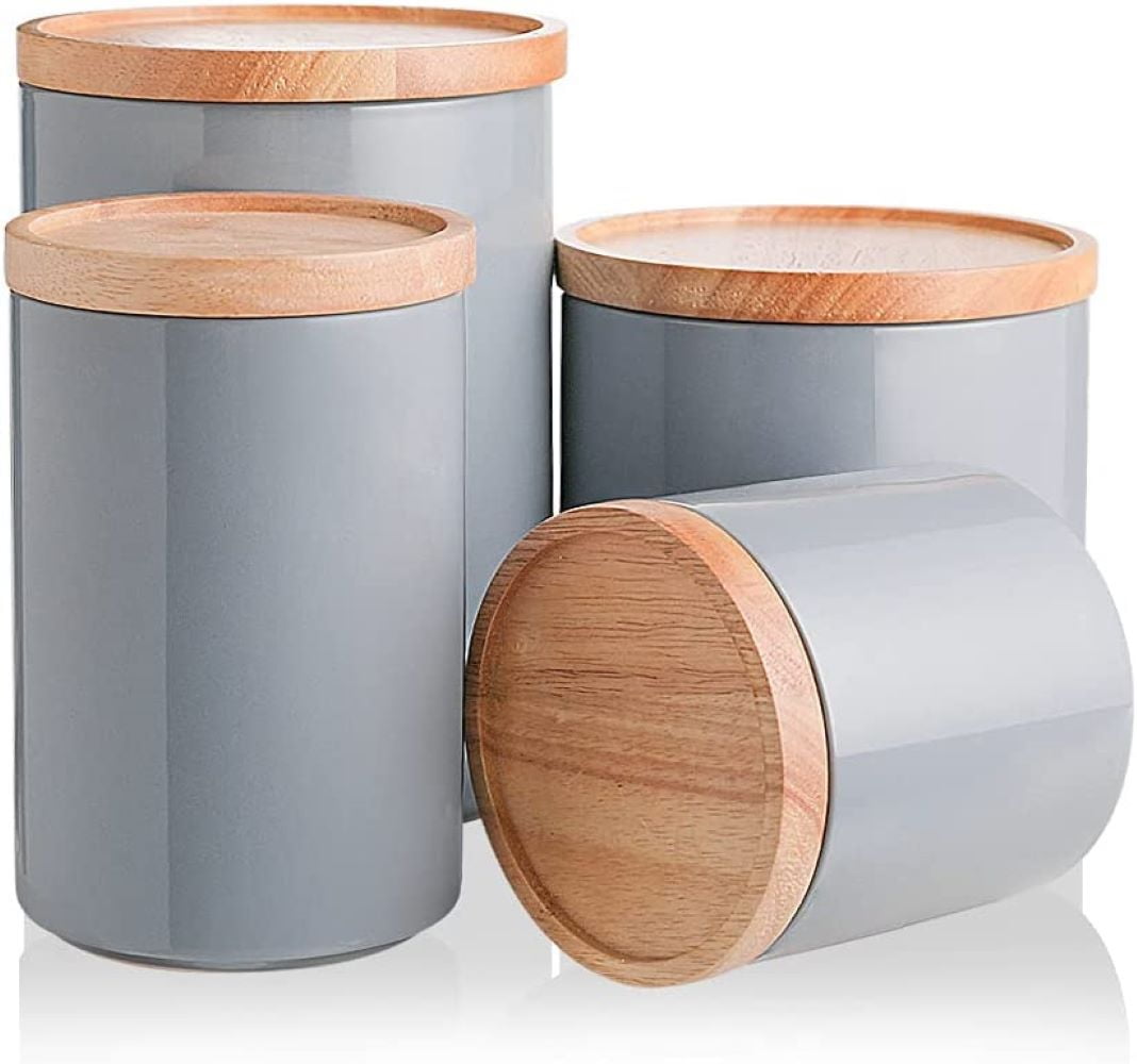 Sweejar 4-Piece Ceramic Canisters Set with Airtight Wooden Lid for ...