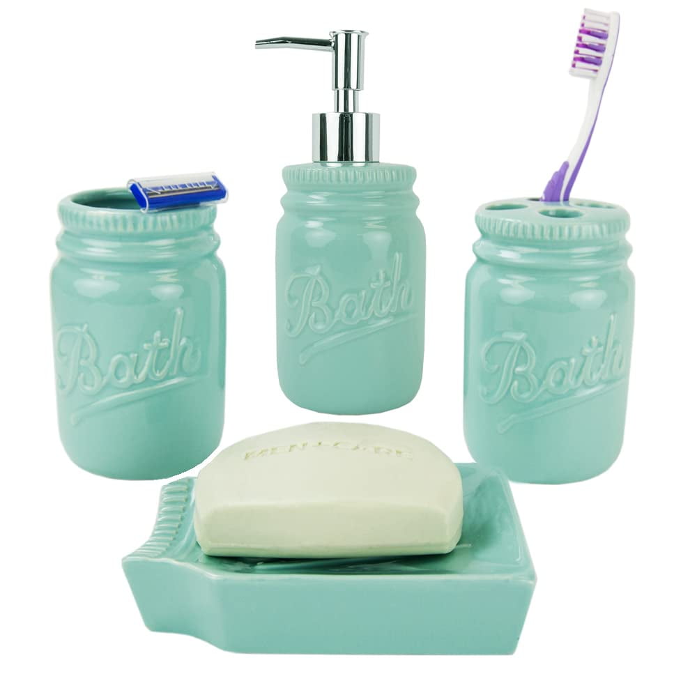 4-Piece Ceramic Mason Jar Bathroom Set (Mint), by Beautiful and ...