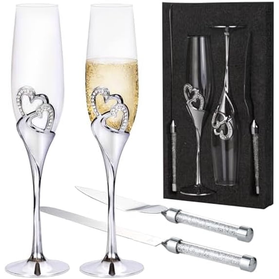 4 Piece Champagne Flutes and Cake Knife Server Set, Bride and Groom ...