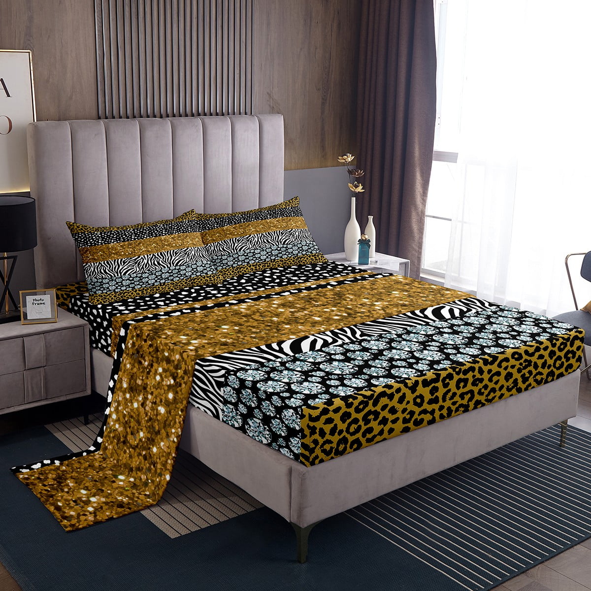 4 Piece Cheetah Print Bed Sheets Set Adults Watercolor Yellow Diamond ...