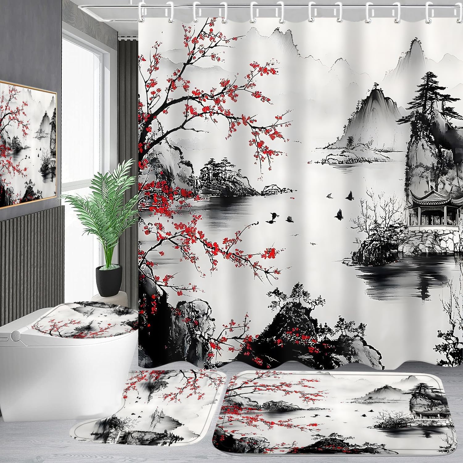 4-Piece Cherry Print Shower Curtain Sets Red Vibrant Cherries Green ...