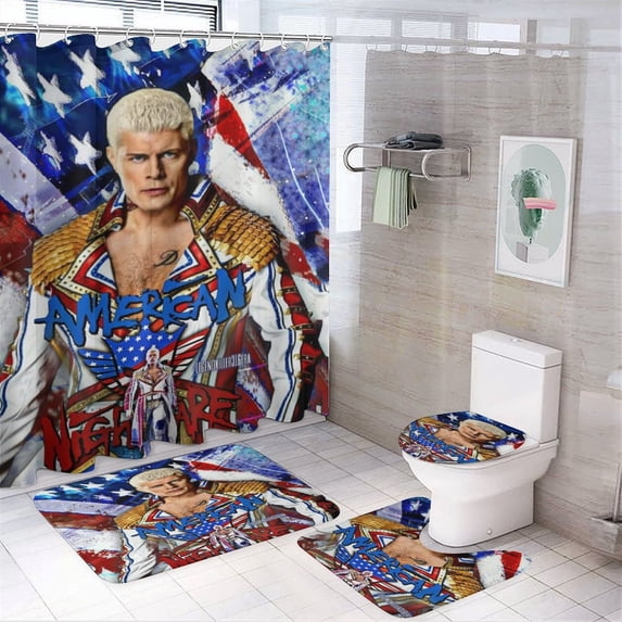 4 Piece Co-dy Wrestler Rh0d Shower Curtain Sets with Rugs, Toilet Lid ...