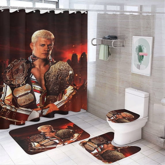 4 Piece Co-dy Wrestler Rh0d Shower Curtain Sets with Rugs, Toilet Lid ...
