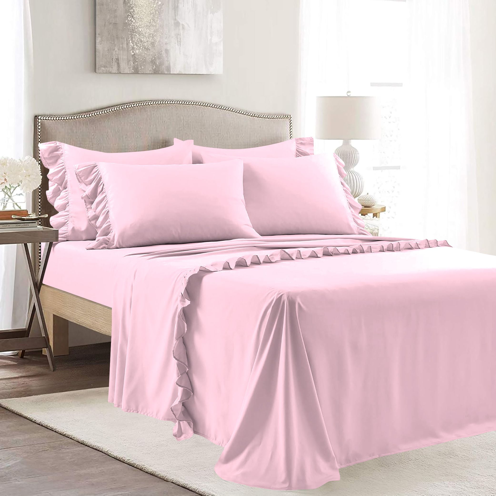 4 Piece Corner Ruffle Sheet Set, 3" Inch Corner Ruffle On Flat Sheet, 26 Inch Deep Pocket, 100% ...