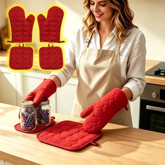 4 Piece Cotton Oven Mitts and Pot Holders Set with Heart Pattern, Heat ...