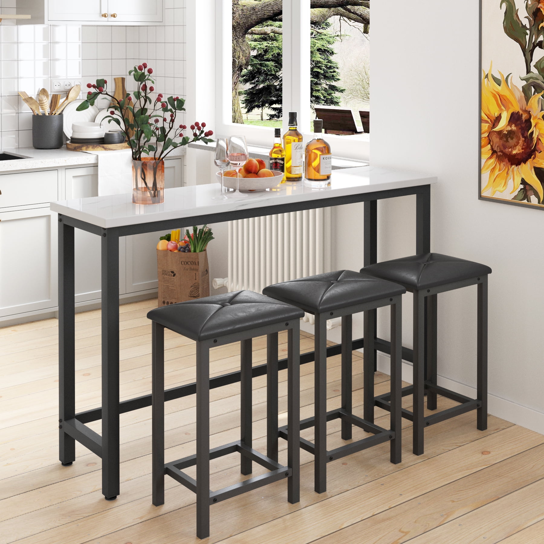 4-Piece Counter Height Dining Set, Long Pub Table and 3 Cushioned ...