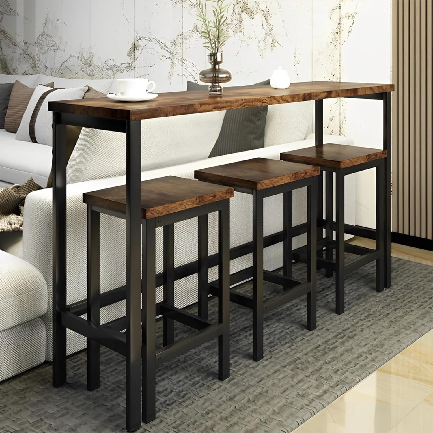 4-Piece Counter Height Extra Long Dining Table Set with 3 Stools and ...