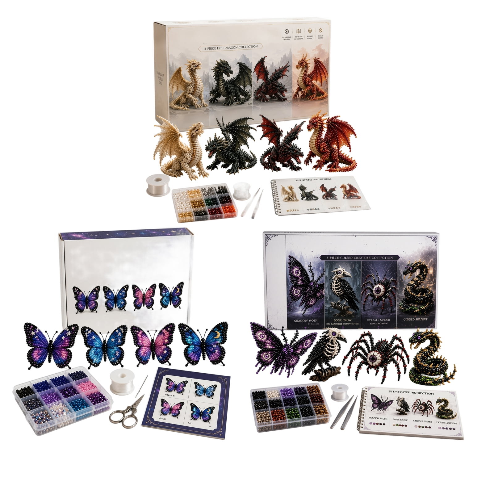 4-Piece Cursed Creature 3D Beaded DIY Kit, Gothic Shadow Moth Crow ...