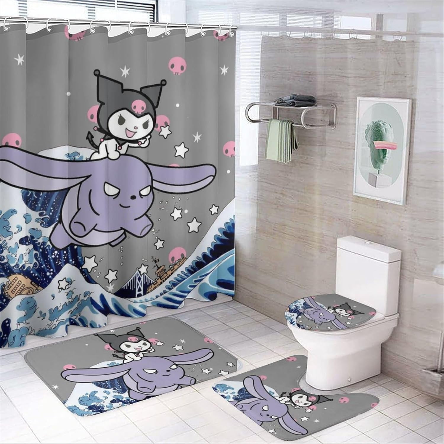 4 Piece Cute Cartoon Shower Curtain Set with Non-Slip Rugs, Toilet Lid ...